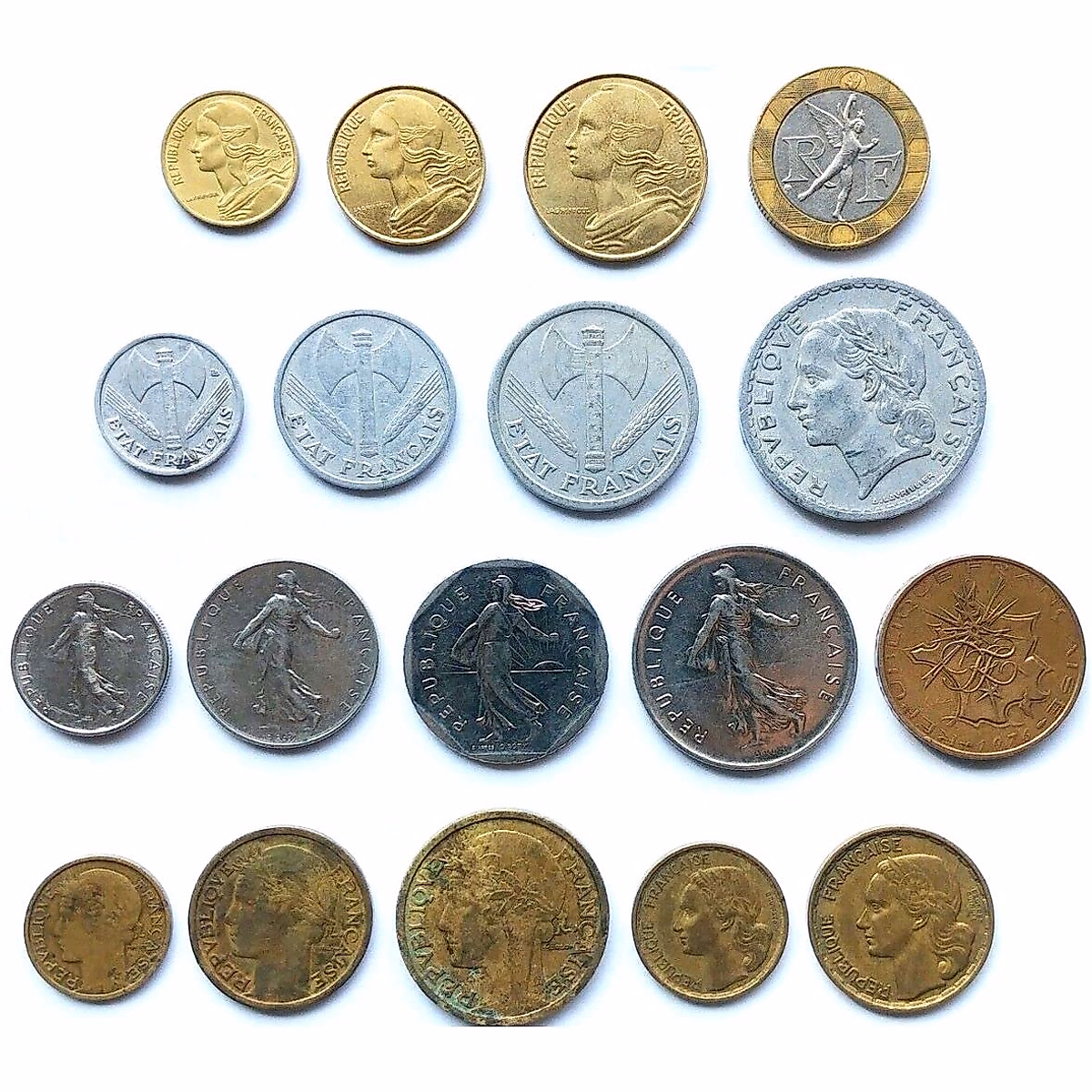 1960 Varies COLLECTION OF 18 DIFFERENT FINE OLD FRENCH COINS (1920's-90's) LIGHTLY CIRCULATED Centimes and Francs Seller Nice Fine to Almost Uncirculated