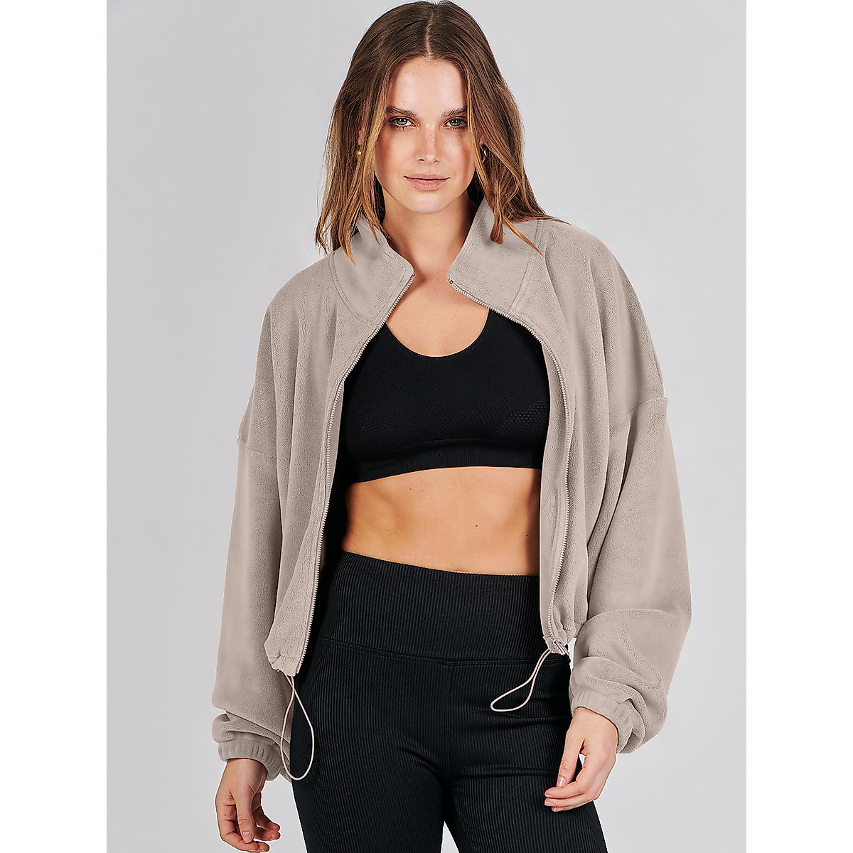 ANRABESS Women's Sweatshirts Full Zip Up Bomber Jacket Oversized Fleece Crop Sherpa Coat Long Sleeve High Neck Teddy Winter Pullover Active Sport Tops Outwear 1097 - XL, Khaki