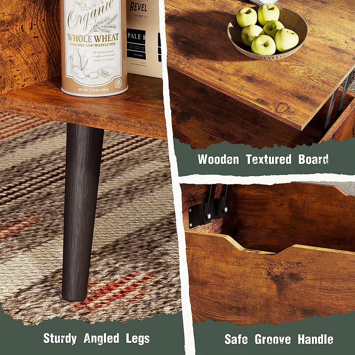 NEWBULIG Coffee Storage Table with Lift Top Panel and Hidden Compartment Wooden Rising Tabletop Snack Organize Shelf for Dinning Center Drawing Room, Brown