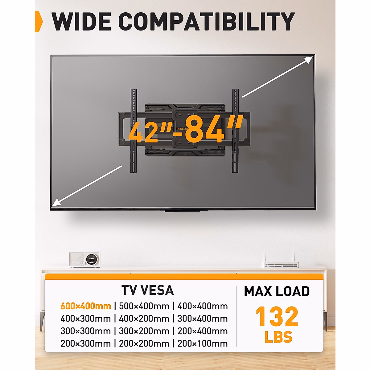 Perlegear Full Motion TV Wall Mount for Most 37-82 inch Flat Curved Screen up to 100 lbs, 12"/16" Wood Studs, TV Mount Bracket with Dual Articulating Arms, Swivel, Tool-Free Tilt, Max VESA 600x400mm