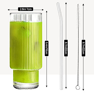 Vozoka Ribbed Glassware, Set of 4 Ribbed Glasses, 16 Oz Vintage Drinking Glasses, Glass Cup with Lids and Straws, Reusable Iced Coffee Glass Cups, Ideal for Coffee, Juice, Beer, Whiskey, Gift