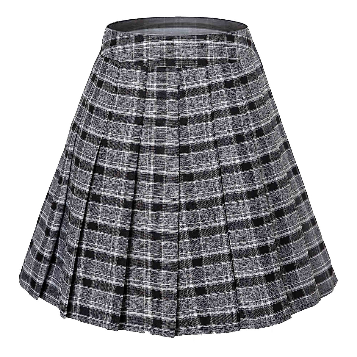 Hoerev Black Grey Plaid Pleated Skater Tennis School Uniform Skirt with Lining Shorts for Women Girls,US 4