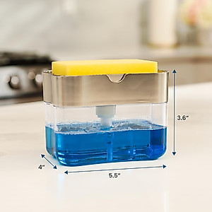 S&T INC. Dish Soap Dispenser and Sponge Holder for Kitchen Sink, Sponge Included, 13 Ounces, Metallic Silver