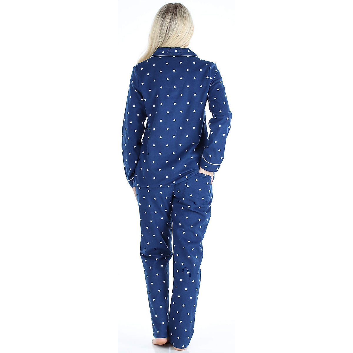 PajamaMania Women's Cotton Flannel Long Sleeve Button-Down Pajamas PJ Set, Navy Polka Dot, Medium