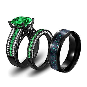 Two Rings His Hers Wedding Ring Sets Couples Matching Rings Women's Black Gold Filled Green CZ Wedding Engagement Ring Bridal Sets Men's Stainless Steel Wedding Band