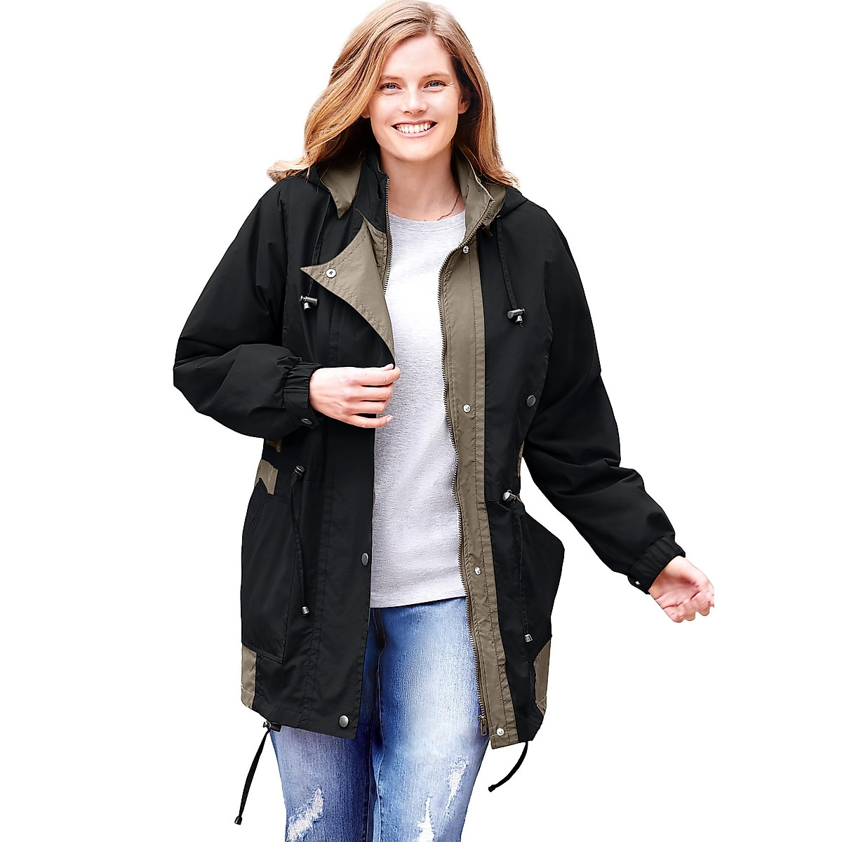 Woman Within Women's Plus Size Colorblocked Taslon Anorak - 1X, Black Bark