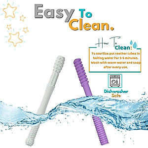 Soft Hallow Silicone Teething Tubes for Babies, (4 Pack) Baby Teether Tubes Includes Cleaning Brush, Soothing Teether & Flexible Teething Stick Toy for Infants & Toddlers, 100% Safe for Girls & Boys