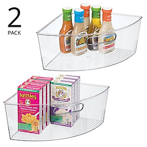 mDesign Kitchen Cabinet Plastic Lazy Susan Storage Turntable Organizer Bins with Built-In Handle - Large Triangle Corner Dividers for Pantry or Cabinets - 1/4 Wedge, 6" Deep Container - 2 Pack - Clear