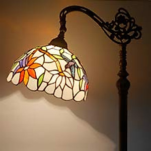 WERFACTORY Tiffany Floor Lamp Hummingbird Flower Stained Glass Arched Lamp 12X18X64 Inches Gooseneck Adjustable Corner Standing Reading Light Decor Bedroom Living Room S801 Series