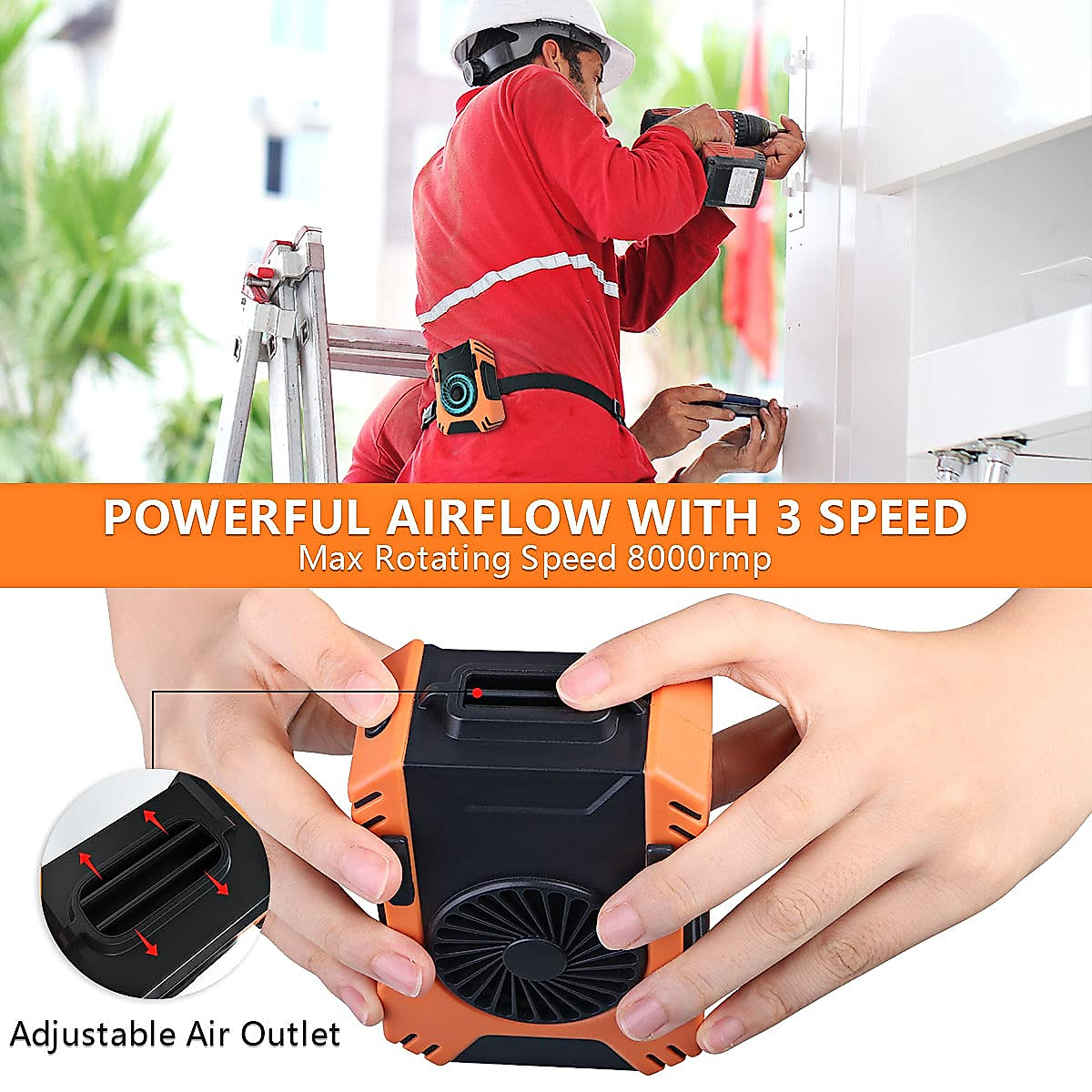 Cof 4-in-1 Waist Clip on Fan Portable Personal Fan, USB Mini Necklace Fan, 3 Speeds, 5000mAh Rechargeable Battery Operated Fan for Outdoor Camping with LED SOS Function