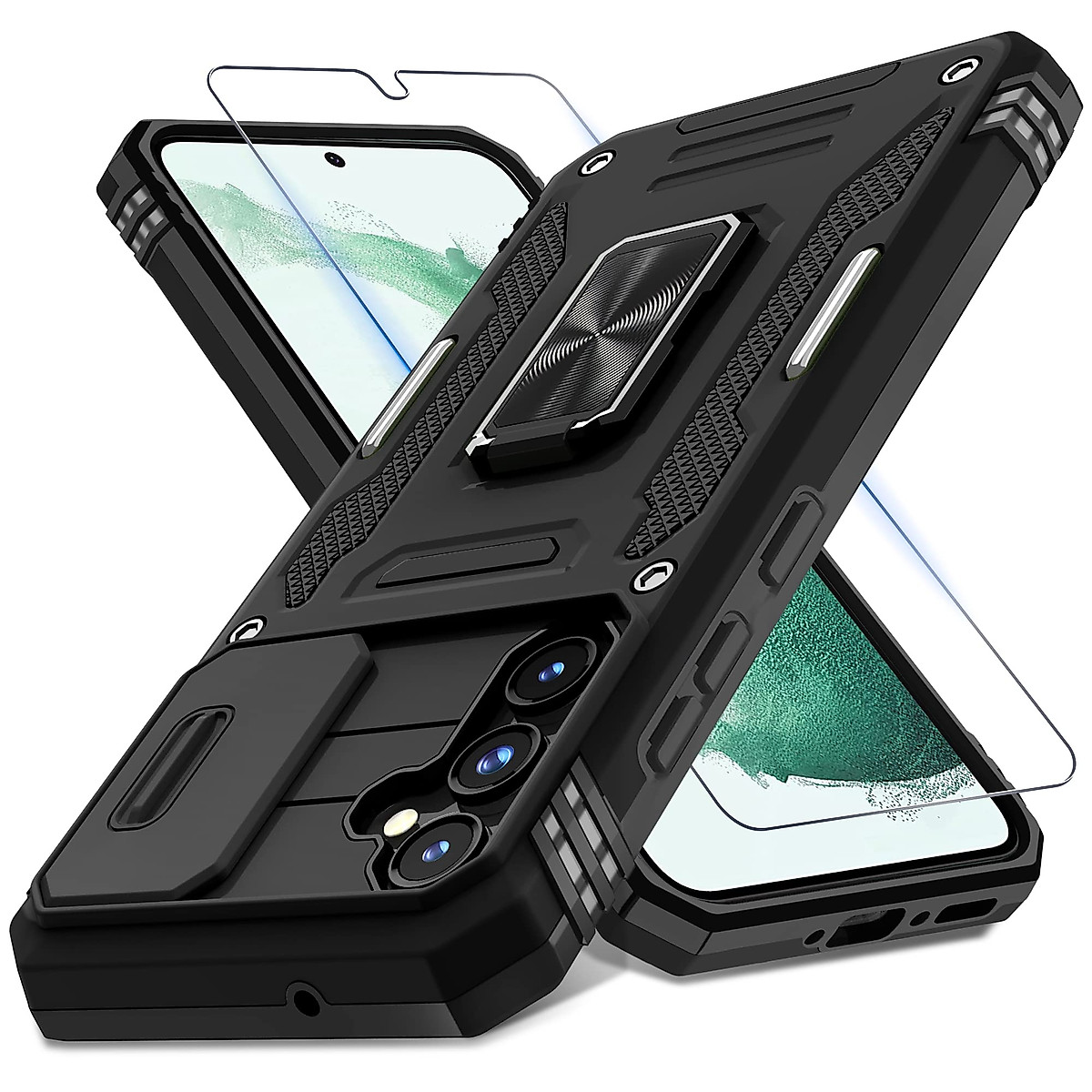 DEERLAMN Case for Samsung Galaxy A54 5G with Slide Camera Cover+Screen Protector(1 Pack),Rotated Ring Kickstand Military Grade Shockproof Protective Cover-Black