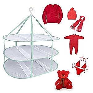 AMBER CAT | 𝓐𝓜𝓑𝓔𝓡 𝓒𝓐𝓣 | 3-Tier Sweater Drying Rack Mesh | Foldable Hanging Dryer | Laundry Mesh Drying Rack | Foldable Clothing Dryer Racks Collapsible (3 Tier Green)