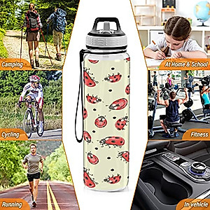 Wusikd Ladybug Water Bottle Tritan BPA-Free Drink and Straw Leakproof Motivational Yellow Drinking Water Bottles with Carrying Strap for Office, Gym, Outdoor Sports