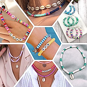 Quefe 6300pcs Clay Heishi Beads with 130pcs Letter Beads, Polymer Flat Round Disc Beads Kit with Elastic String, Pendant, and Jump Rings, for DIY Jewelry Marking Bracelets Necklace, 48 Colors 6mm