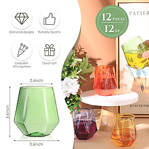 Gerrii 12 Pcs Diamond Stemless Glasses Unbreakable Plastic Wine Glasses 12 oz Reusable Whiskey Glass Stemless Drinking Glasses for Wine Cocktail and Home Dining Wedding Party Kitchen, 6 Colors