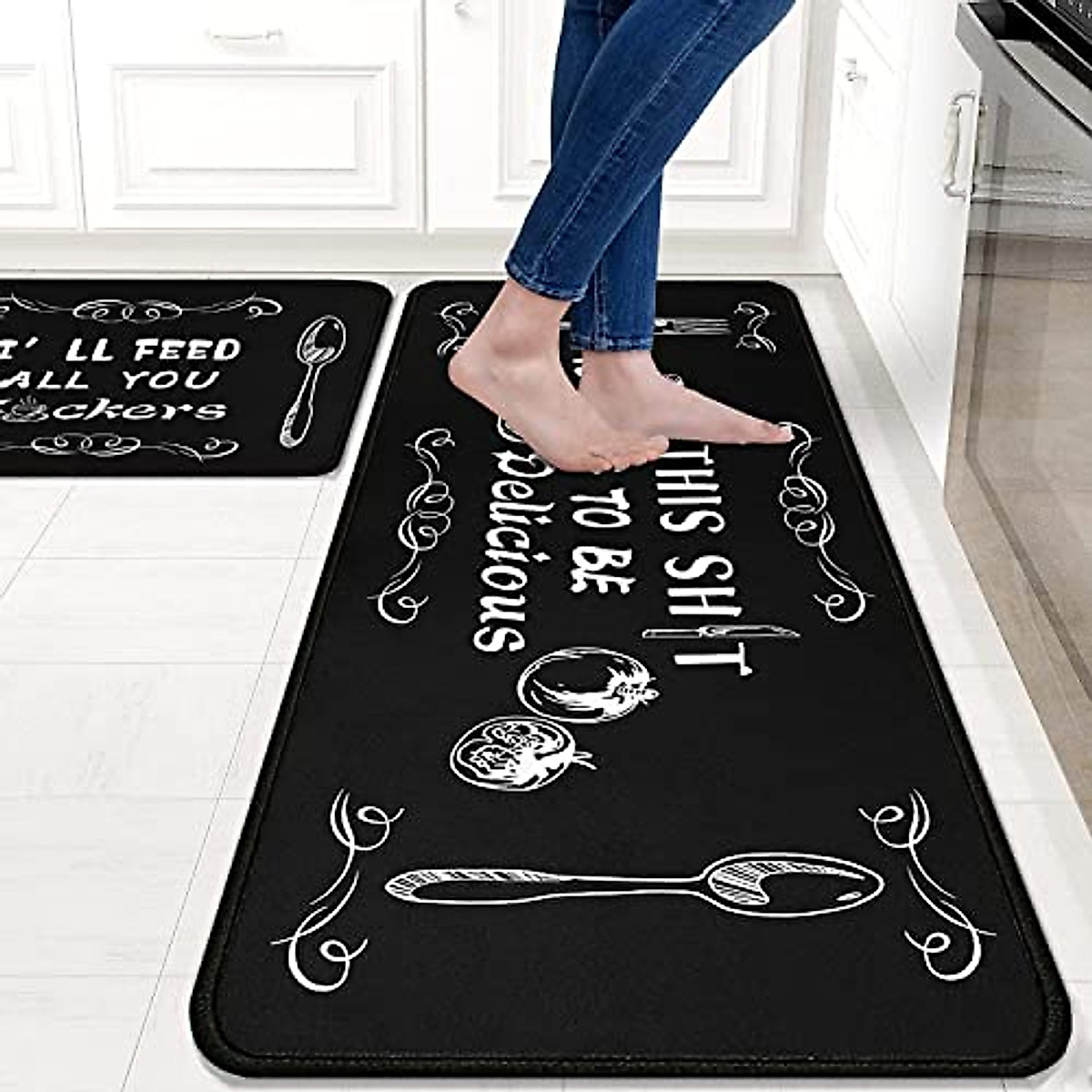 Faptoena Black Kitchen Rugs and Mats Sets of 2, Funny Kitchen Decoration Rubber Backing Non-Slip Absorbent Mats for Sink Waterproof Runner Rug for Laundry Room 17x30+17x48inch