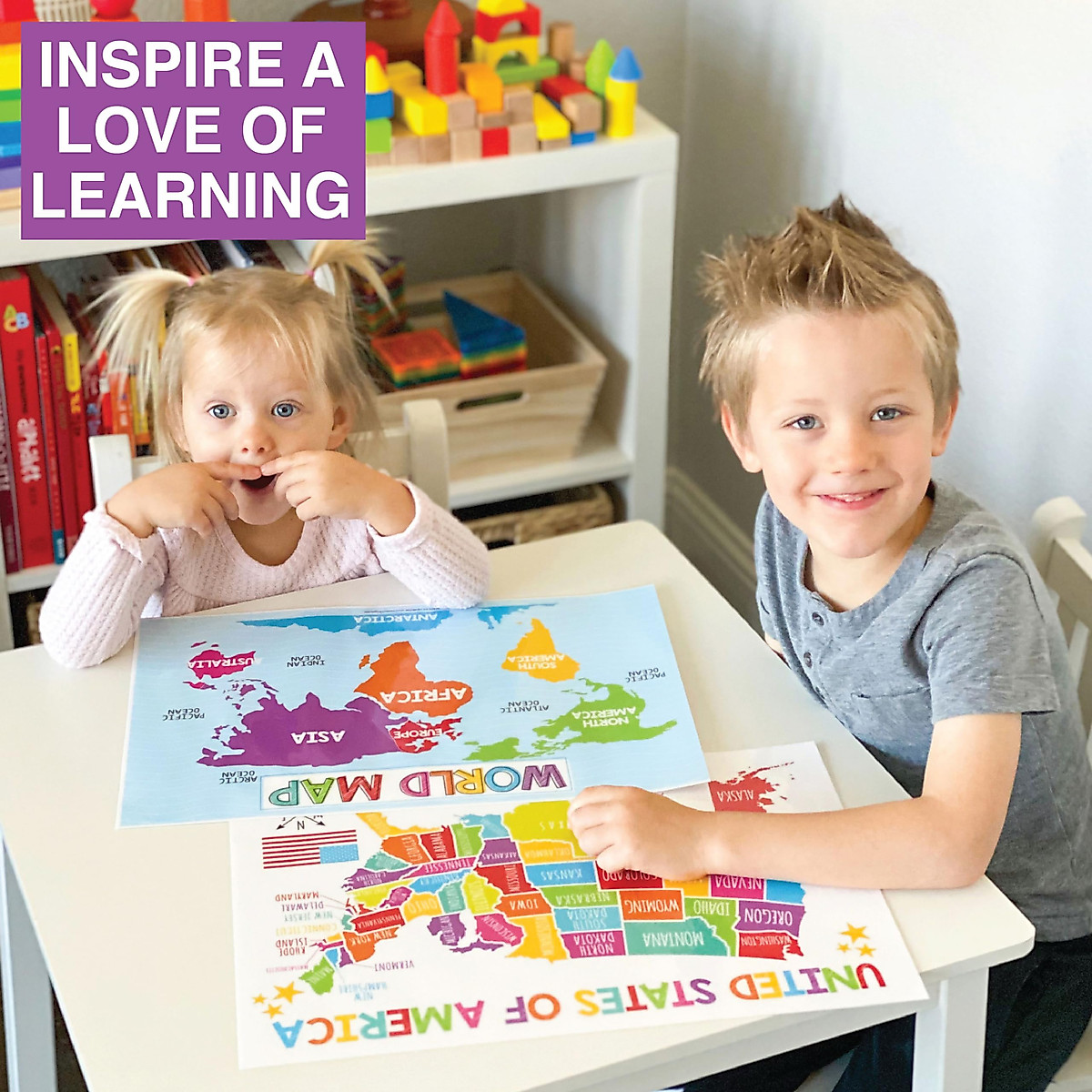 16 Educational Posters for Classroom Decor & Kindergarten Homeschool Supplies Baby to 3rd Grade Kids, Laminated PreK Learning Chart Materials – US & World Map, ABC Alphabet, Shapes, Days of the Week