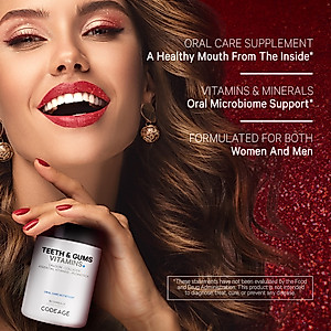 Codeage Teeth & Gums Vitamins + Oral Probiotics Supplement for Mouth - Whole Food Calcium, Collagen, Potassium, Vitamin C, D3, K2, Zinc – Oral Care & Dental Multivitamin Supplements - 90 Capsules