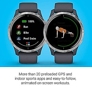 Garmin Venu, GPS Smartwatch with Bright Touchscreen Display, Features Music, Body Energy Monitoring, Animated Workouts, Pulse Ox Sensor and More, Silver with Dark Gray Band (Renewed)