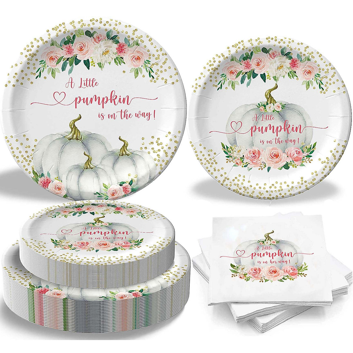 Yuzioey Little Pumpkin Baby Shower Decorations, A Little Pumpkin is on the Way Baby Shower Tableware for 25 Guests, Autumn Pumpkin Theme Baby Shower Supplies Tableware, Paper Plates, Napkins