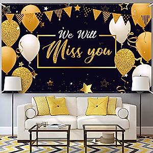 We Will Miss You Party Decorations, Extra Large Going Away Party Backdrop Miss You Photography Background Banner for Farewell Anniversary Retirement Graduation Party, 72.8 x 43.3 Inch (Black, Gold)