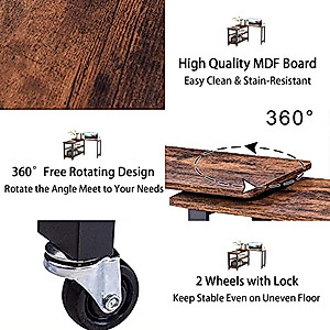 WAYTRIM 360° Free Rotating Sofa Side Table, Mobile End Table with 2 Tier Storage Shelves, Couch Side Table Sturdy Metal Frame with 6 Universal Casters, Laptop Table for Home Office - Rustic Brown