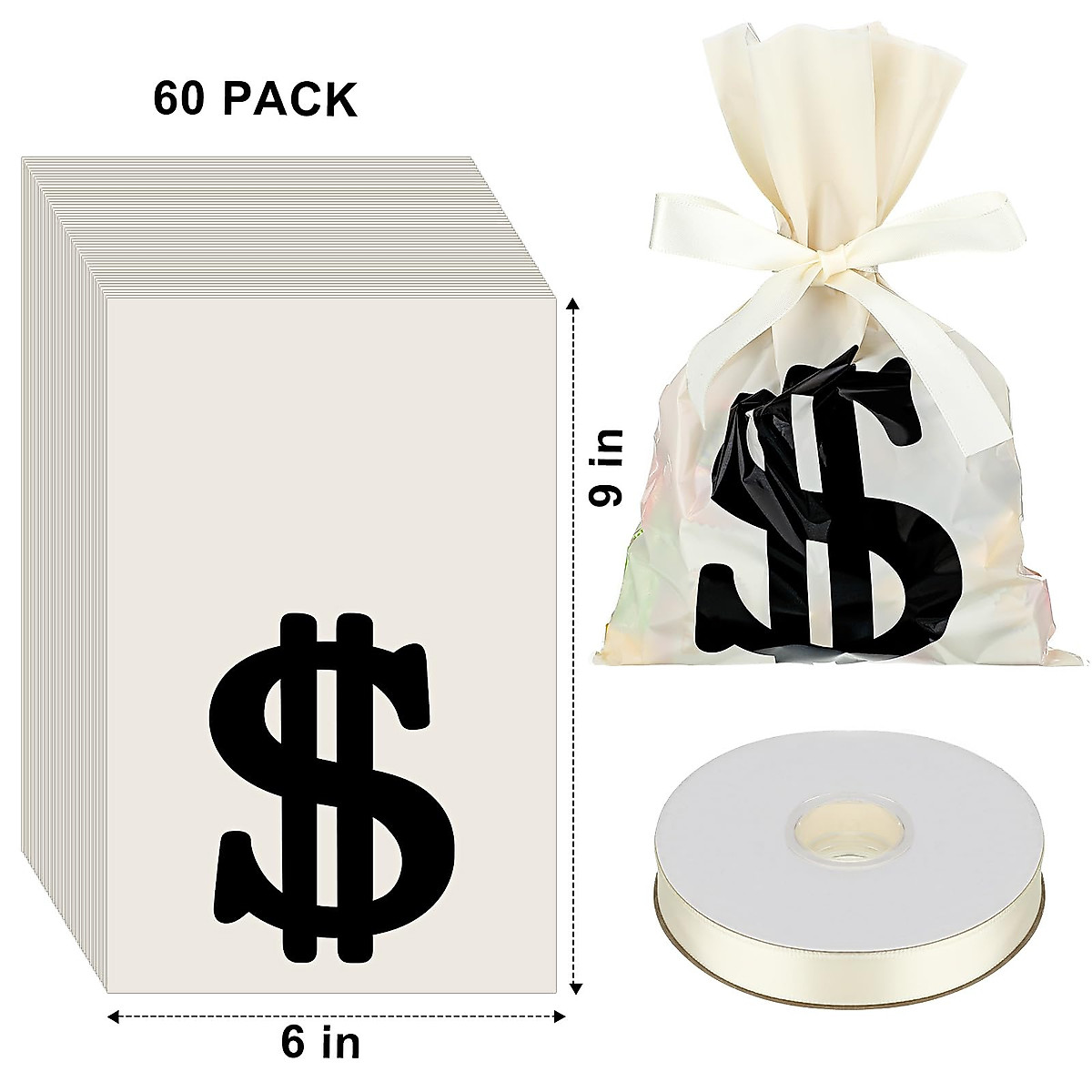 Tinlade 60 Pieces 6 x 9 Inch Money Treat Bags Sign Party Favor Candy Bag Loot Bags for Party Sign Sacks with 25 Yards Ribbon for Party Favor Theme Supplies