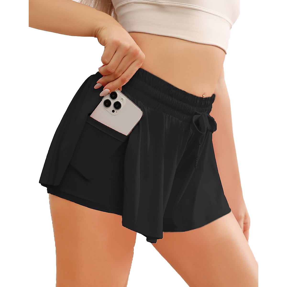 Wsirmet Flowy Shorts for Women Butterfly Shorts 2 in 1 Athletic Workout Gym Biker Running Shorts with Pockets Black S