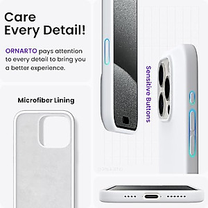 ORNARTO Compatible with iPhone 15 Pro Max Case 6.7", Slim Liquid Silicone 3 Layers Soft Gel Rubber Shockproof Protective Phone Case with Anti-Scratch Microfiber Lining-White