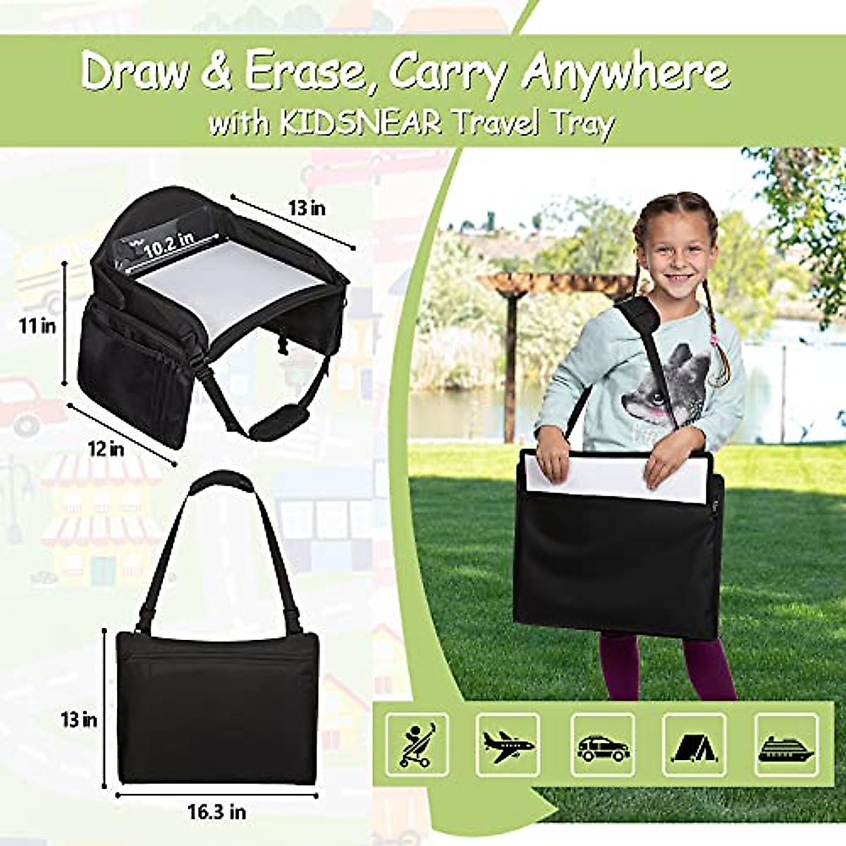 KIDSNEAR Kids Travel Tray, Car Seat Travel Tray, Toddler Travel Tray with iPad & Tablet Holder, Cup Holder, Dry Erase Board (Black)