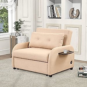 FULife 3-in-1 Convertible Sofa Couch with Pull-Out Sleeper,Adjustable Recliner Loveseat Futon Sofá Chair w/2 Wing Table,Side Pocket&USB Charge,Small 2 Seaters Love Seat Lounge Couch for Living Room