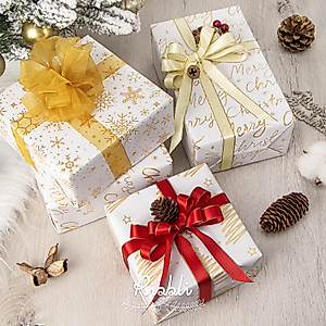 Ribbli White Gold Merry Christmas Wrapping Paper Rolls Snowflake Merry Christmas Tree Pattern with Glitter Gold Mini Roll-17 Inch x 10 Feet Per roll