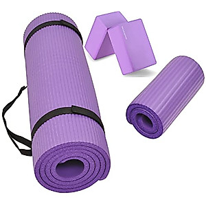 Signature Fitness All Purpose 1/2-Inch Extra Thick High Density Anti-Tear Exercise Yoga Mat and Knee Pad with Carrying Strap and Yoga Blocks, Purple