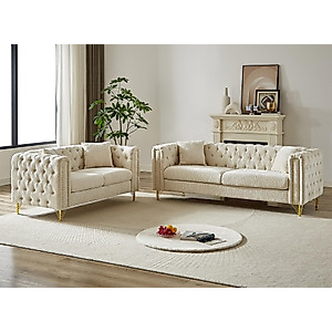 80"W Chenille Sofa Couch,Upholstered 3 Seater Loveseat Sofa,Button Tufted Comfy Couch with Nailhead Trim&Metal Legs,Mid Century Modern Sofa,Deep Seat Sofa for Living Room,Office,Apartment(Beige)