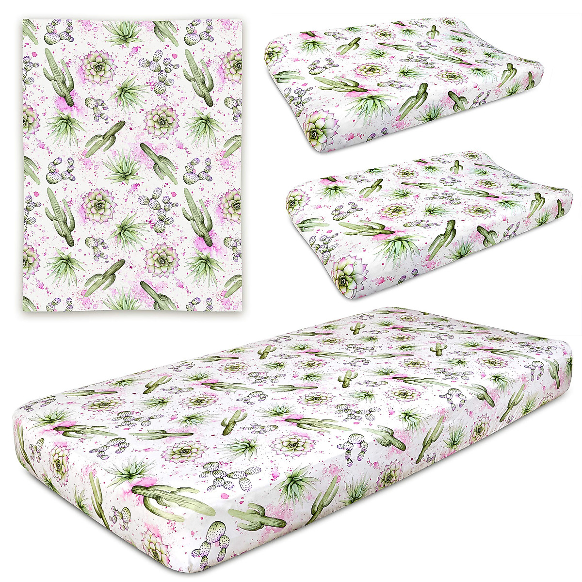 Watercolor Cactus Nursery Decor Set - 1 Crib Sheet, 2 Changing Pad Covers, 1 Minky Baby Blanket