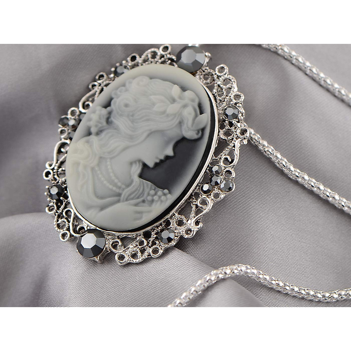 Alilang Gunmetal Tone Grey Crystal Rhinestones Cameo Lady Victorian Maiden Pendant Necklace