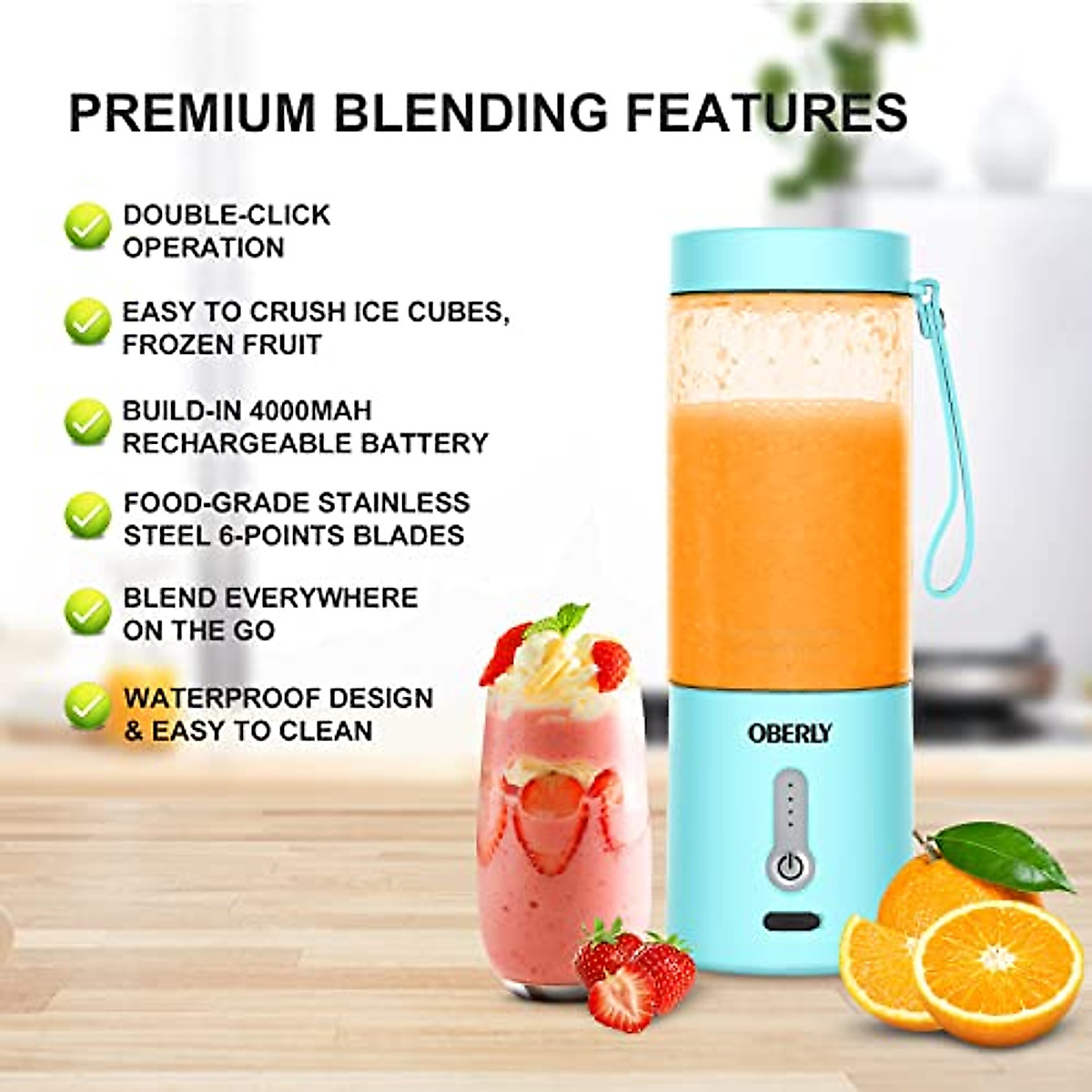Blend Portable Blender Jet for Shakes and Smoothies, OBERLY Personal Travel Blender for Protein with 4000mAh USB Rechargeable Battery, Crush Ice, Frozen Fruit and Drinks, 18 oz Mini Travel Cup, Blue 1
