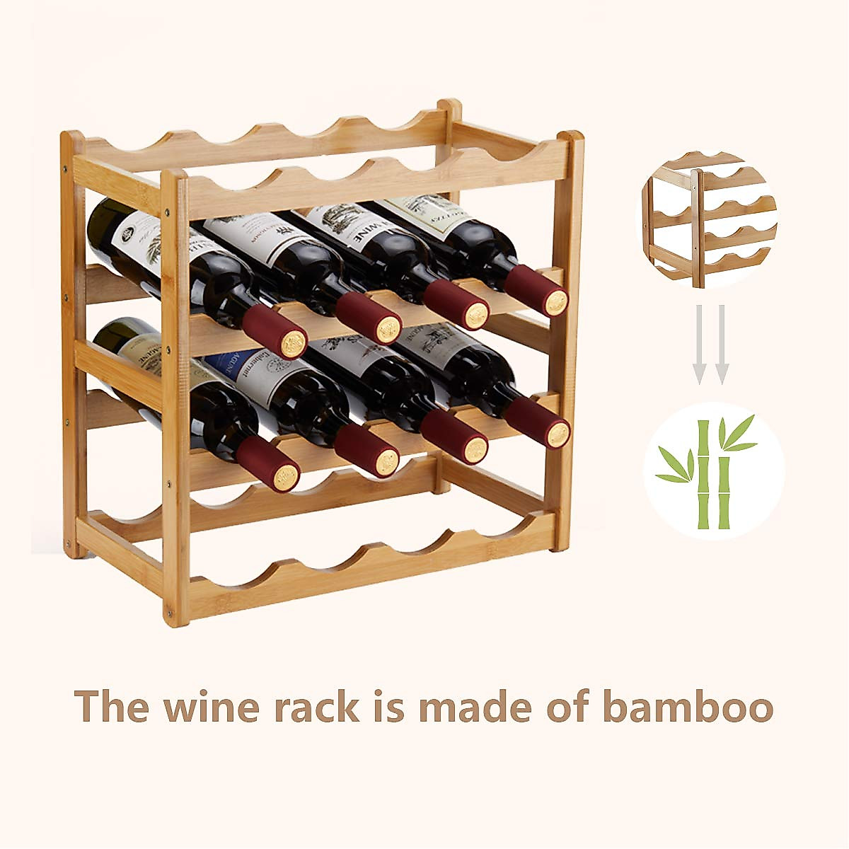 Homevany Bamboo Wine Rack, Sturdy and Durable Wine Storage Cabinet Shelf, Wine Racks Countertop for Pantry - 4 Tiers 16 Bottle Wine Rack