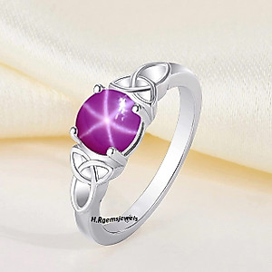 HRG Pink Star Sapphire Ring 6mm Round Cabochon Ring Wedding Ring Ring 925 Sterling Silver Ring (Sterling Silver, 8)