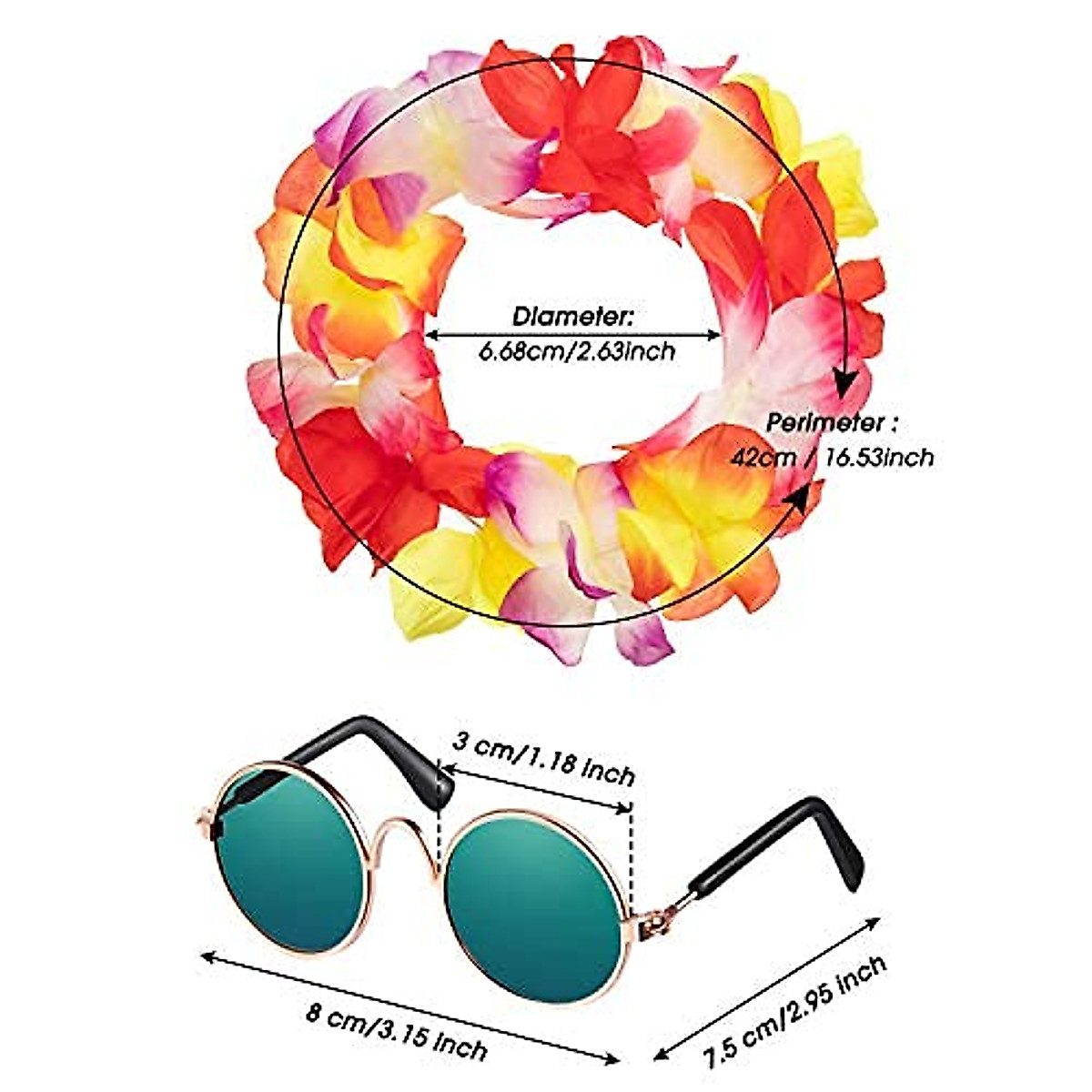3 Pieces Pet Dog Hawaiian Costume, Includes Puppy Dog's Cool T-Shirts Summer Clothes, Funny Cute Dog Retro Fashion Sunglasses and a Colorful Wreath for Small to Medium Dog (Green Series)
