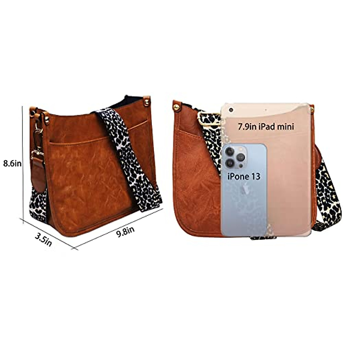 HAIBOLAN Shoulder Bag for Women Leopard Adjustable Guitar Strap Crossbody Purse Vegan Leather Bucket Handbags (A-Brown)