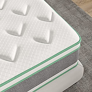 Novilla Queen Mattress 12 Inch Hybrid Mattress in a Box, Innerspring Mattress with Gel Memory Foam for a Cool Sleep, Pressure Relief, Medium Firm Mattress with Pillow Top, Groove,White&Grey&Green