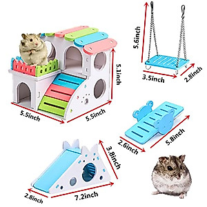 Magnoloran 4 Pack Hamster Toys Set Wooden Hamster House Guinea Pig Hideout Pet Sport Exercise Toys Hamster Cage Accessories Including Hamster Villa, Swing, Seesaw, Ladder for Gerbil Hamster Hedgehog
