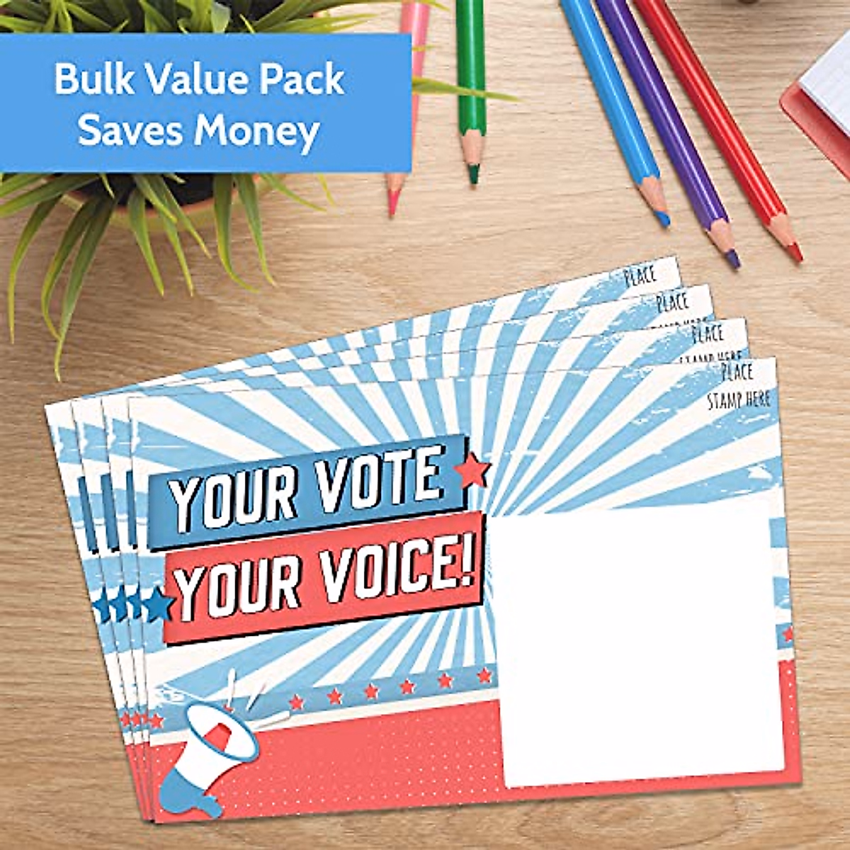T MARIE 100 Bulk Voter Postcards 4x6” - Your Vote Your Voice, Red, White and Blue Theme With Blank Back for Message to Voters - Encourage Voting In Your State