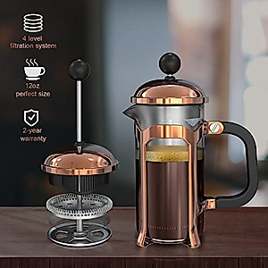 EAXCK French Press Coffee Maker, Stainless Steel Small French Press 12 oz Glass 4 Level Filtration System, Durable Heat Resistant Borosilicate Coffee Presser Single Cup