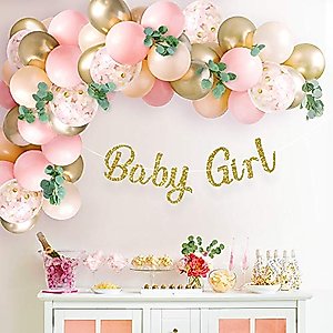 Sweet Baby Co. Baby Shower Decorations for Girl with Pink Balloon Arch Garland Kit, Baby Girl Banner Decor, Eucalyptus Boho Greenery Vine, Light Pink, Peach Blush, Gold, Confetti Balloons
