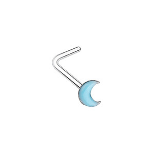 Freedom Fashion Illuminating Glow in The Dark Moon L-Shaped 316L Surgical Steel Nose Stud Ring (20 GA, 9/32", Blue)