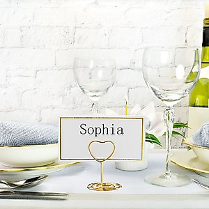 Toncoo 24 Pcs Mini Place Card Holders and 24 Pcs Place Cards with Gold Foil Border, Table Number Stand with Heart Shape, Table Card Holder Photo Picture Holder Memo Menu Clips for Wedding, Birthday