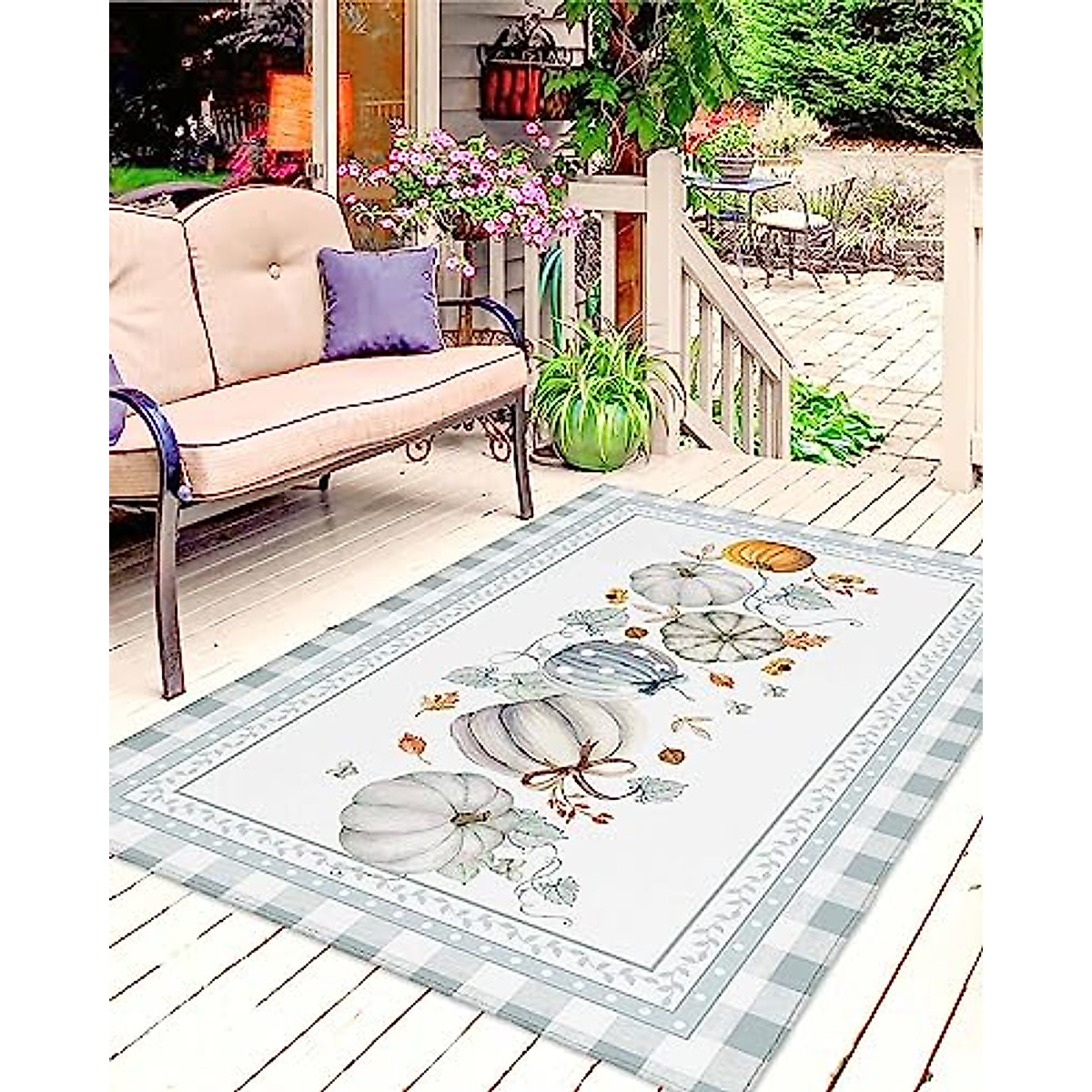 Thanksgiving Outdoor Area Rug 6'x9',Patio Balcony Porch Front Door Camping Camper Deck Runner Rug,Washable Carpet Indoor Living Room/Kitchen,Hallway Floor Mat Farmhouse Pumpkins Plaid Maple Leaves