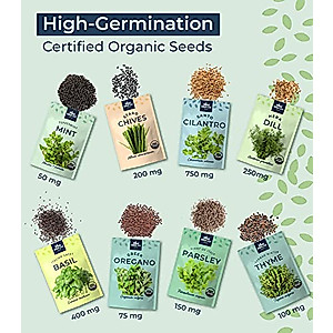 Organic Herb Seeds for Planting, Indoor Outdoor and Hydroponic Garden, incl Basil Cilantro Mint and Dill Seeds, Non GMO and USDA Certified Organic, Gardening Variety Pack